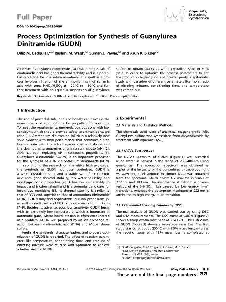 Process Optimization For Synthesis of Guanylurea Dinitramide (GUDN) | PDF