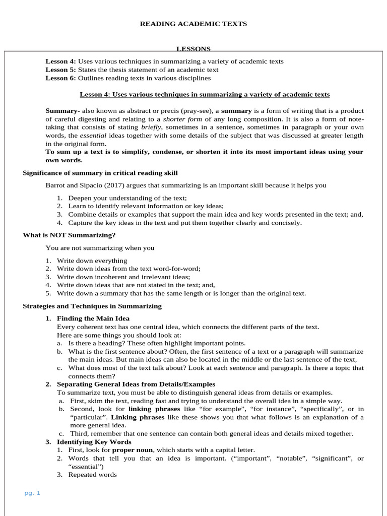 Reading Academic Texts Lesson 4 6 | PDF