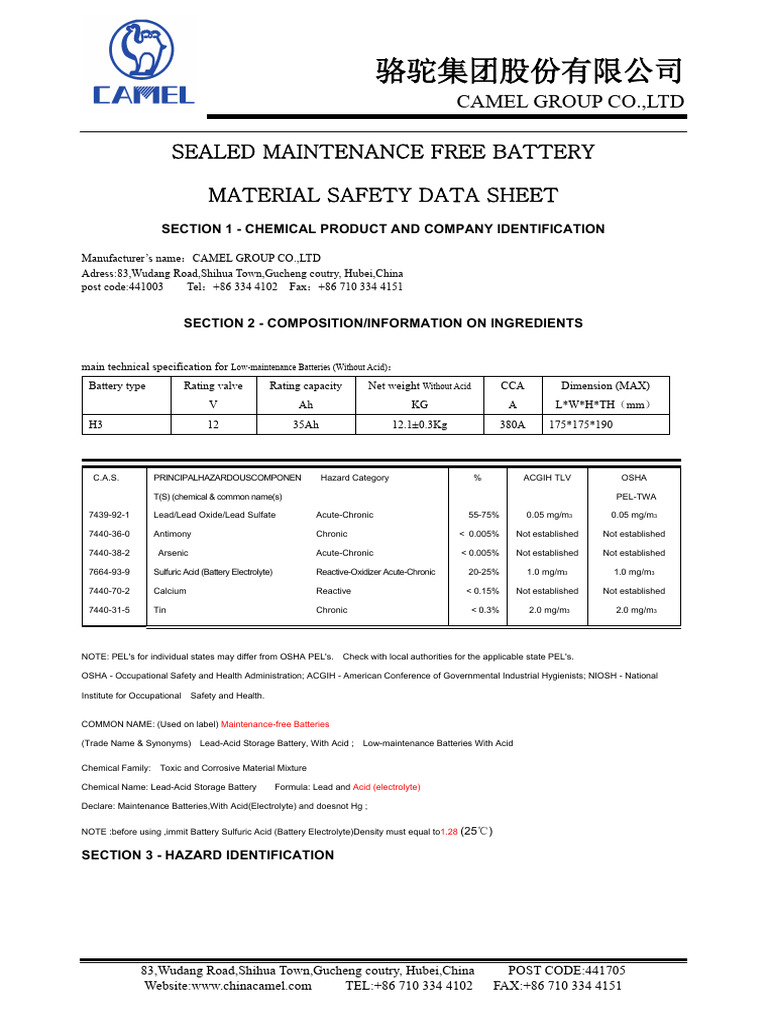 H3agm-35ah-China Msds Lead Acid Battery | PDF