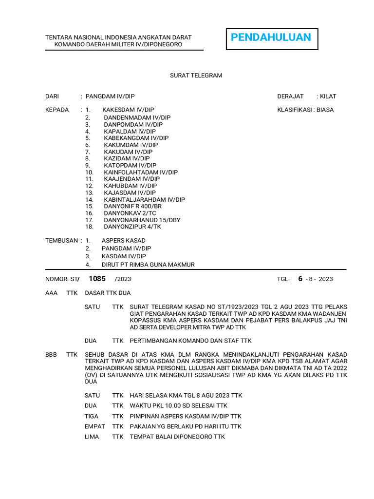 St 1085 Pendahuluan Sosialisasi Twp Abit Dikmata Dan Dikmaba Ta 2022 | PDF