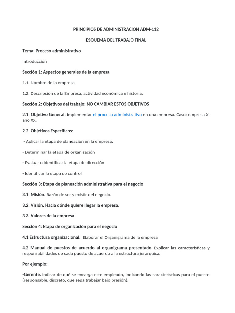 Esquema Del Trabajo Final Adm 112 | PDF