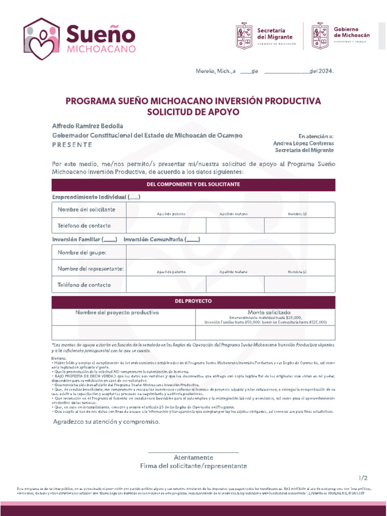 1.1 y 1.2 Solicitud de Apoyo Al Programa Sueño Michoacano Inv Fam e Inv ...