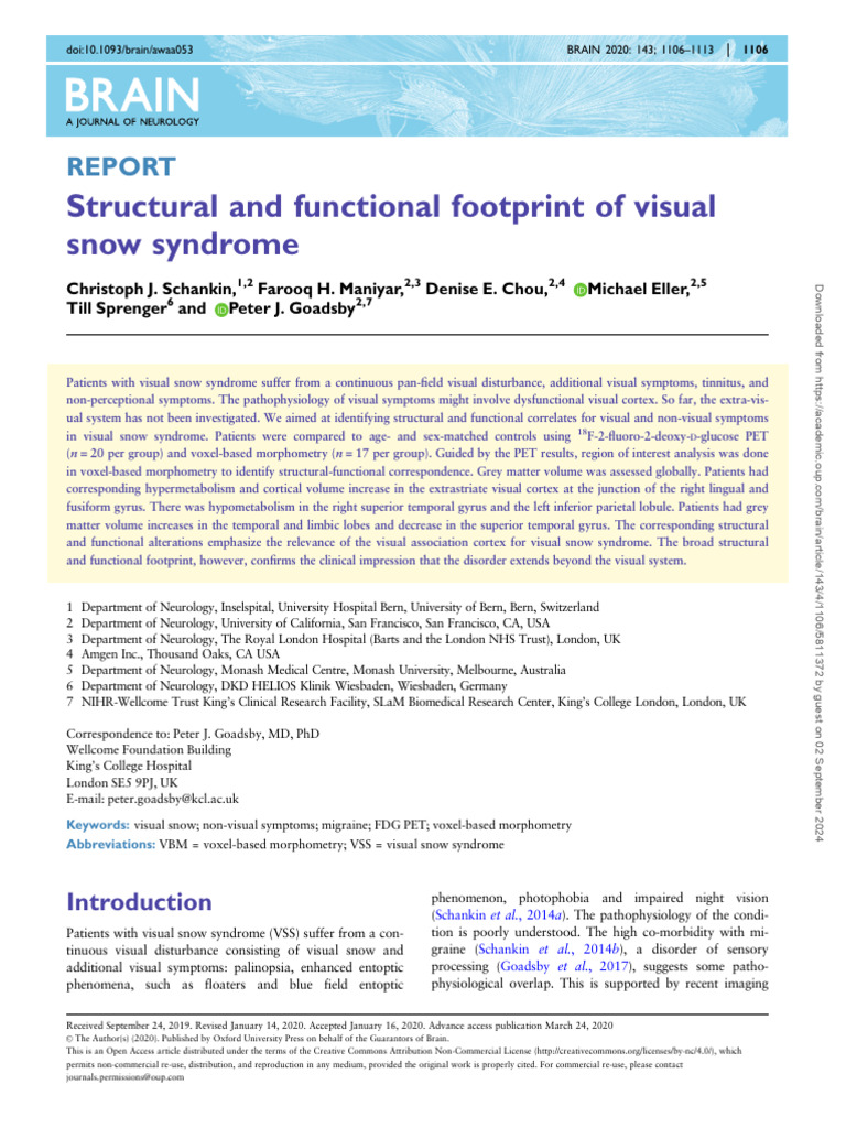 Schankin Et Al. - 2020 - Structural and Functional Footprint of Visual Snow Syndrome | PDF