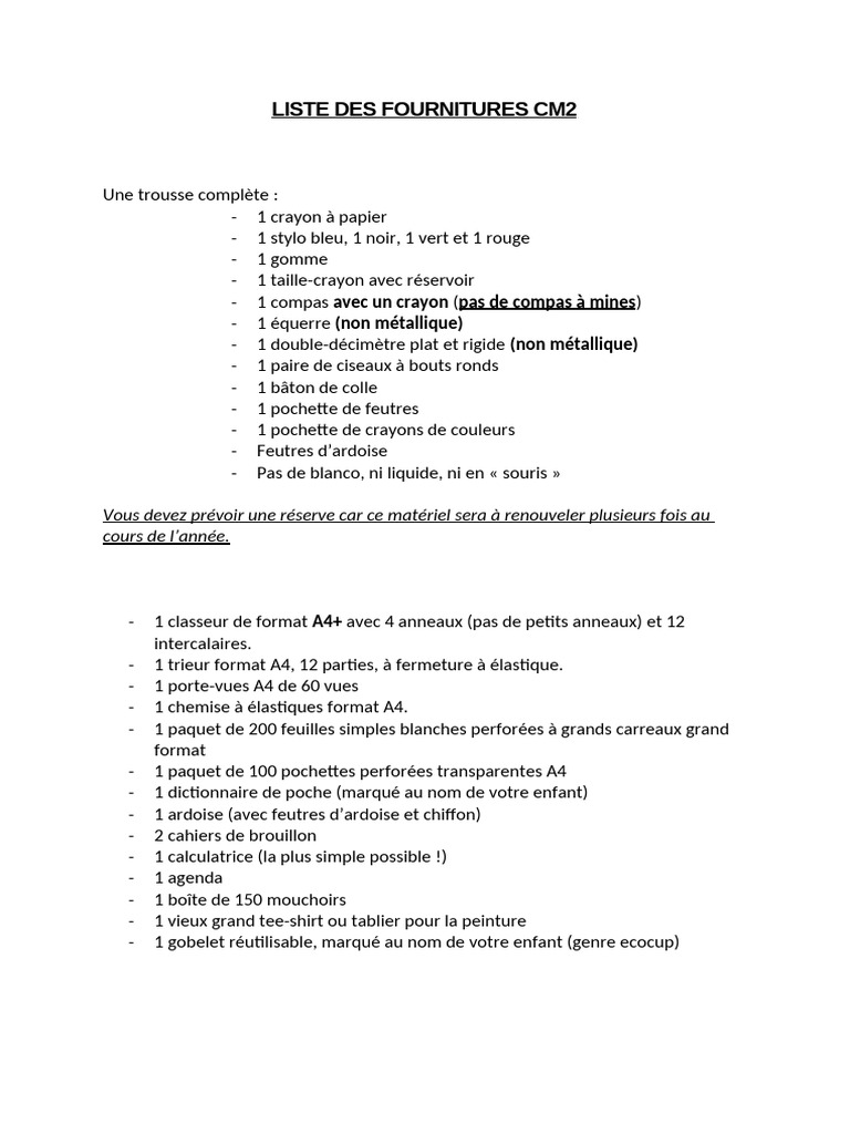 Liste Fournitures CM2 2024 2025 | PDF