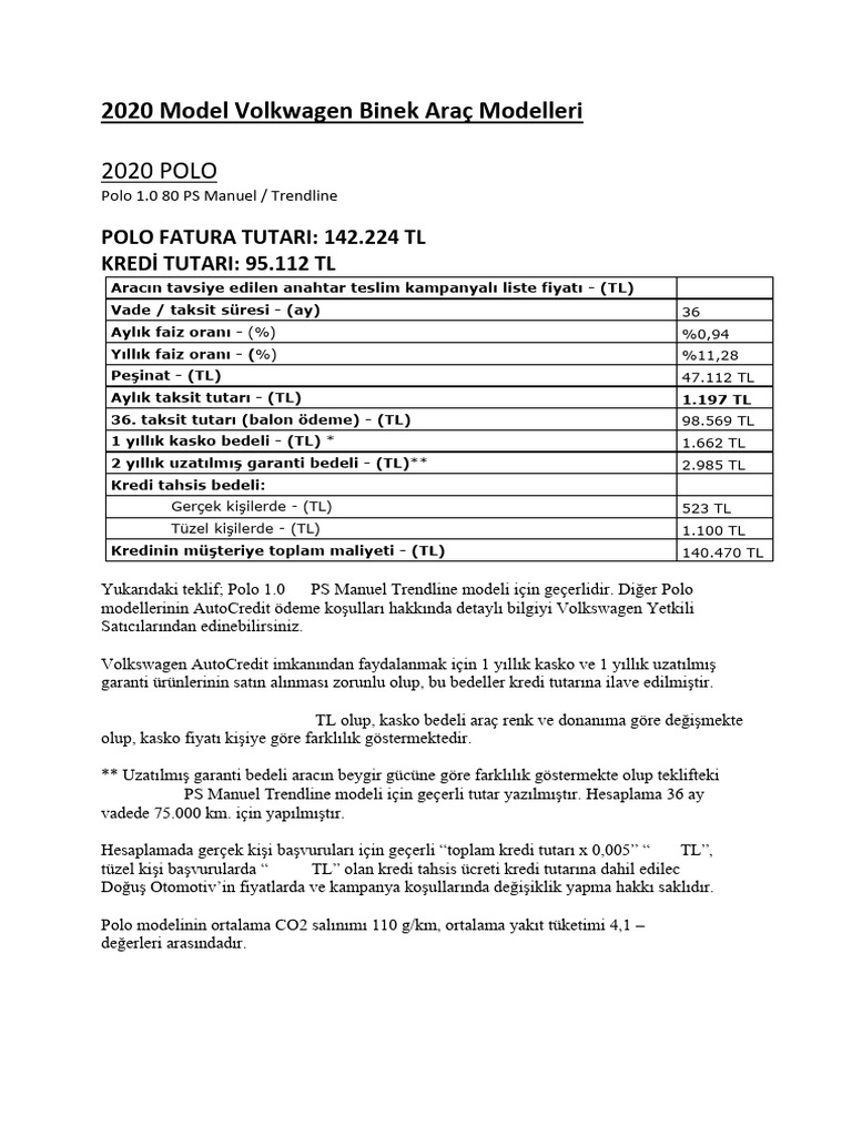 2020 Model Yili Volkswagen Binek Arac Modelleri | PDF