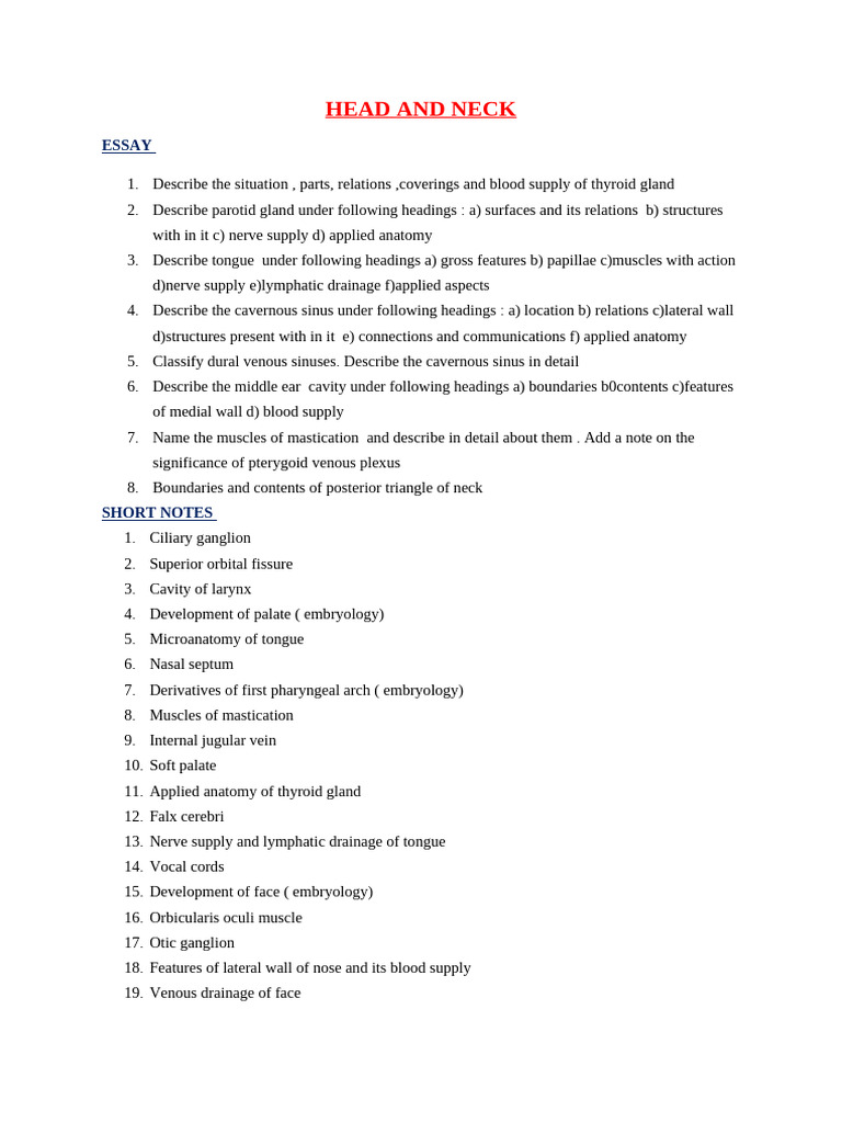 Head and Neck Questions | PDF