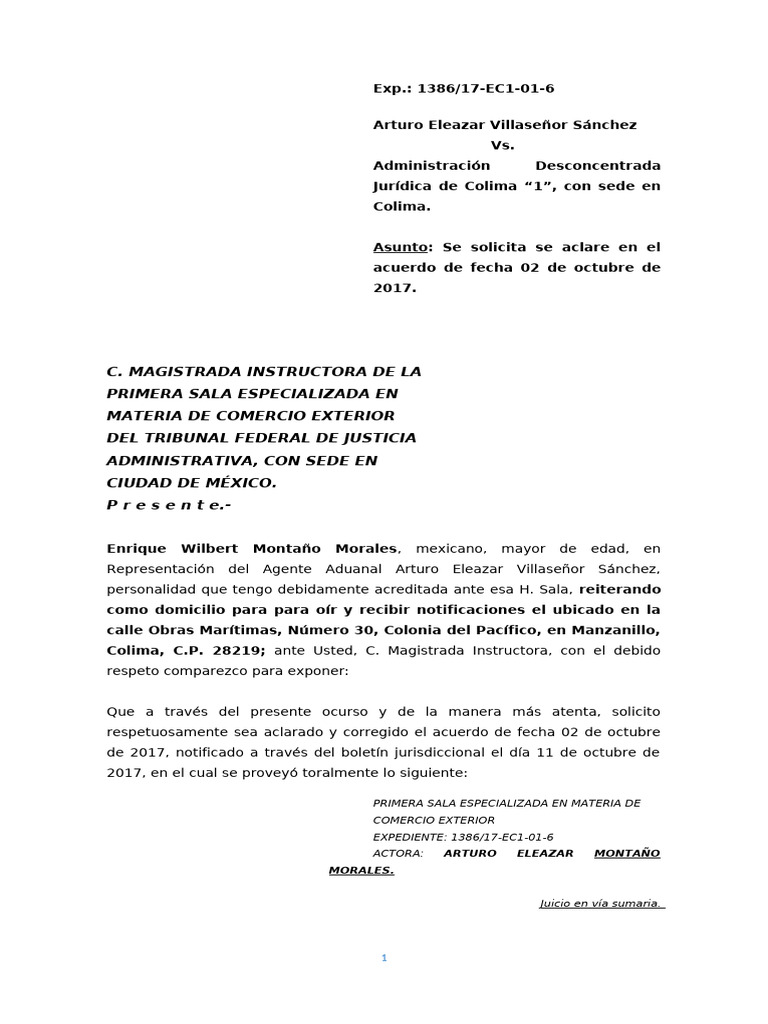 Escrito Solicitando Sea Clarado El Acuerdo Por Nombre Dle Actor (AEVS ...