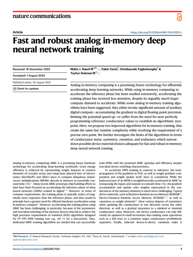 Fast and Robust Analog In-Memory Deep Neural Network Training | PDF