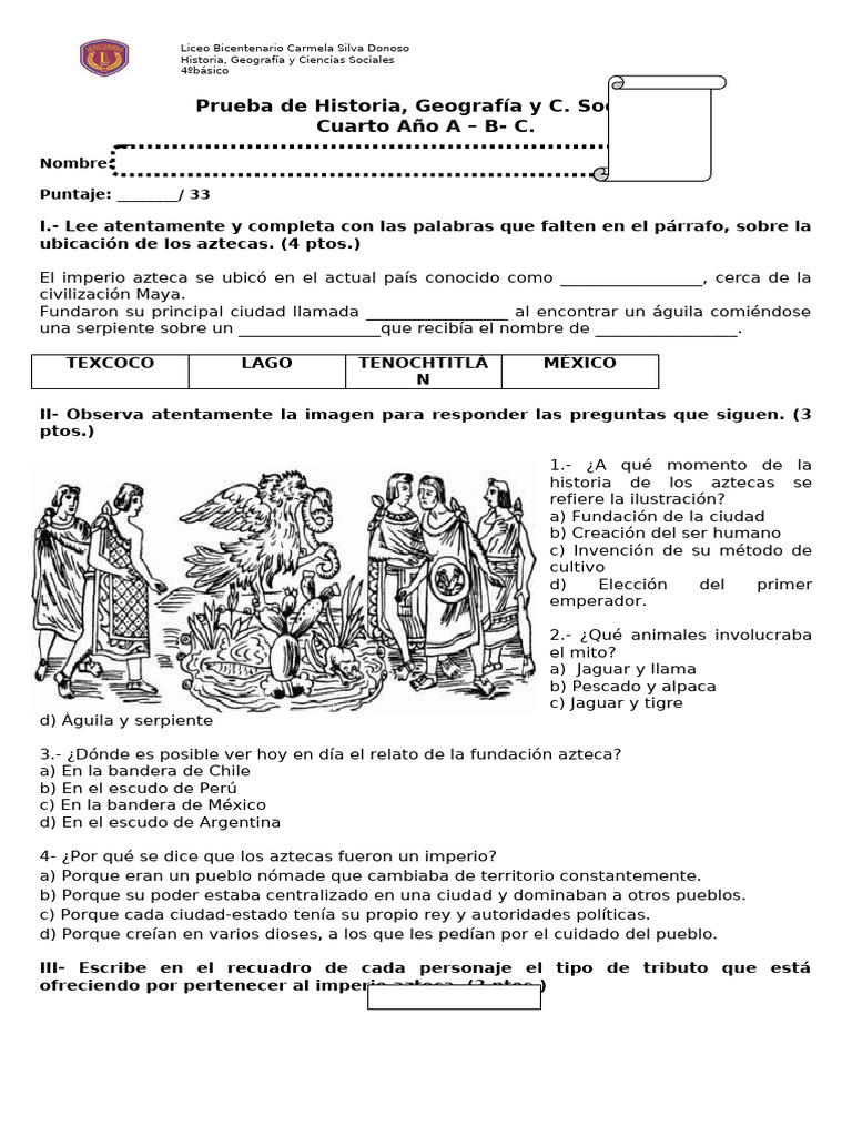 prueba los Aztecas | PDF