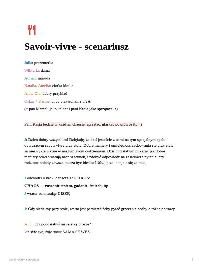 Savoir Vivre Scenariusz | PDF