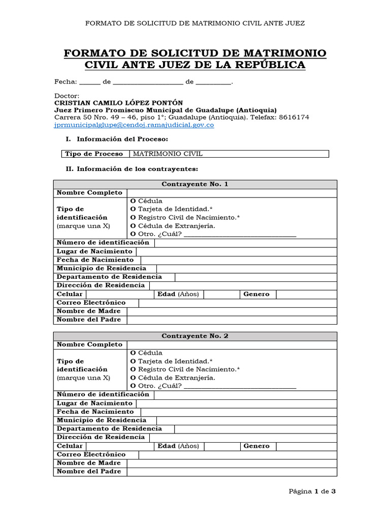 Formato Solicitud de Matrimonio Civil - Juzgado Promiscuo de Guadalupe (Antioquia) | PDF ...