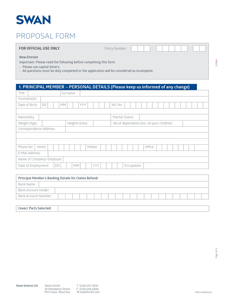 Swan Protect Health Insurance Editable Proposal Form | PDF
