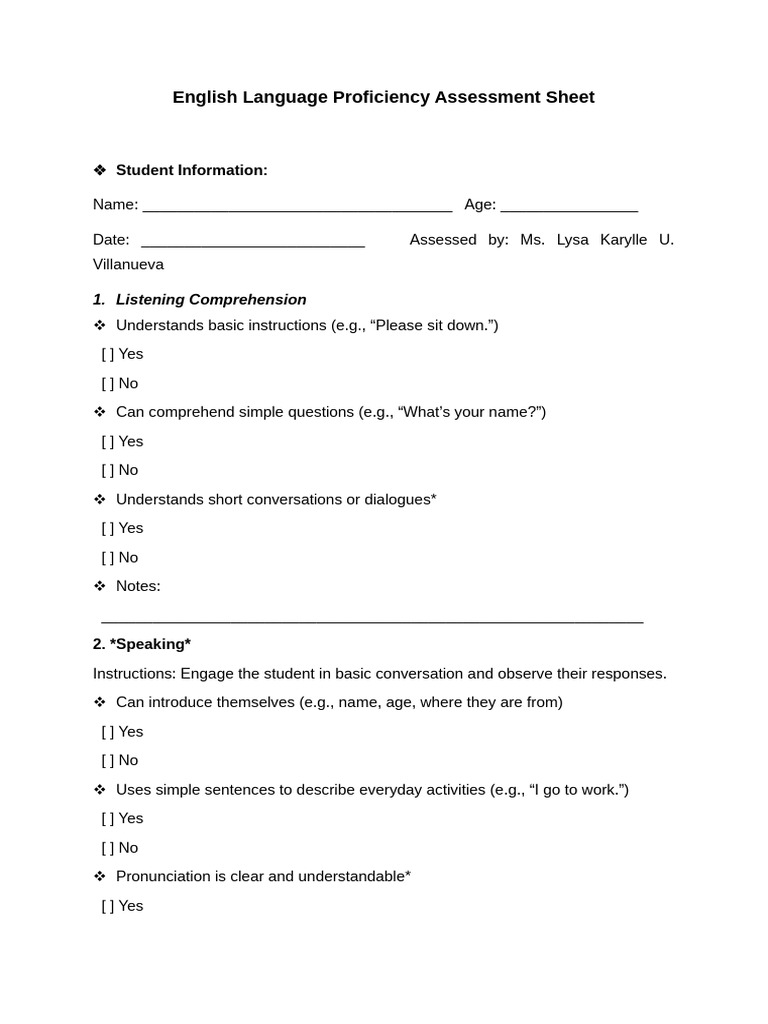 English Language Proficiency Assessment Sheet | PDF