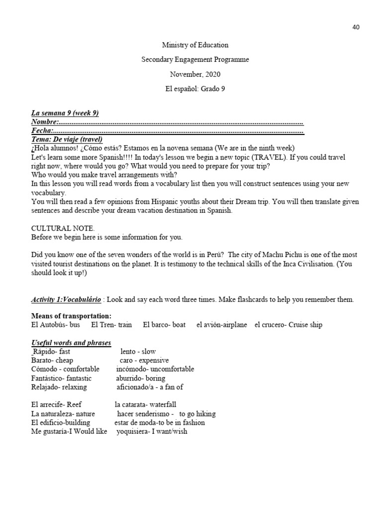 Grade 9 Spanish Week 9 | PDF