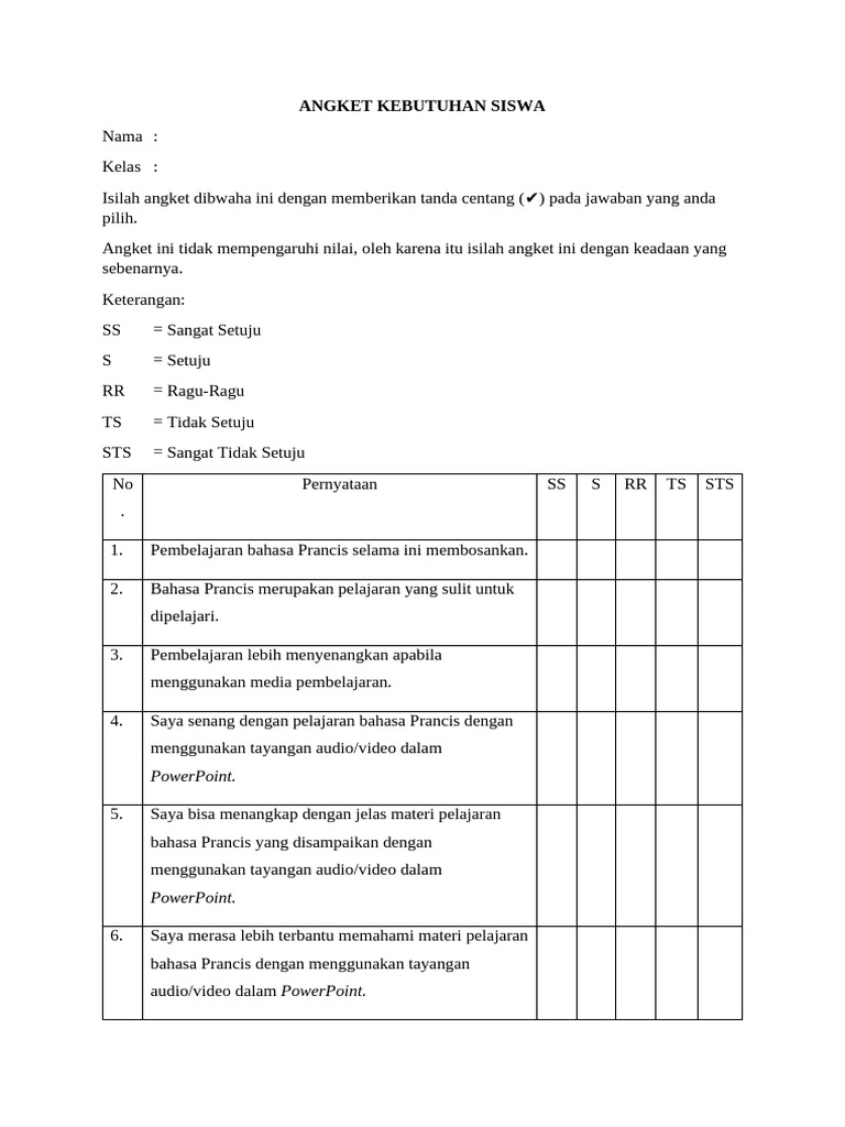 Angket Kebutuhan Siswa | PDF