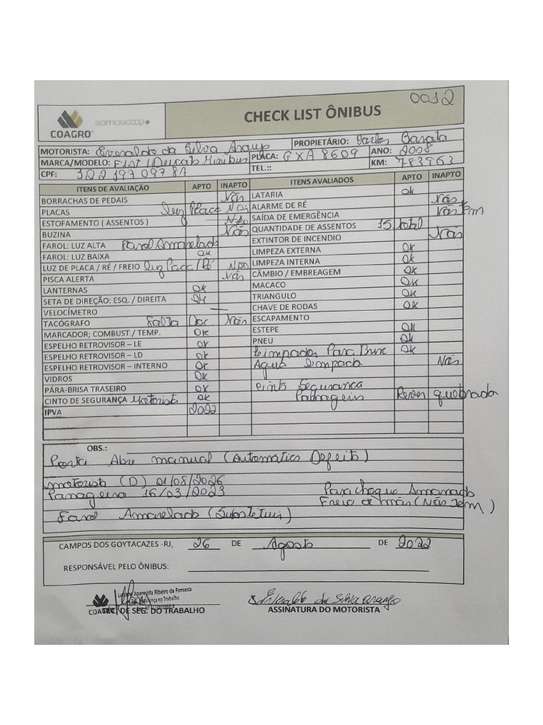 Check List Onibus - Placa Gxa8609 - 26-08-2022. | PDF