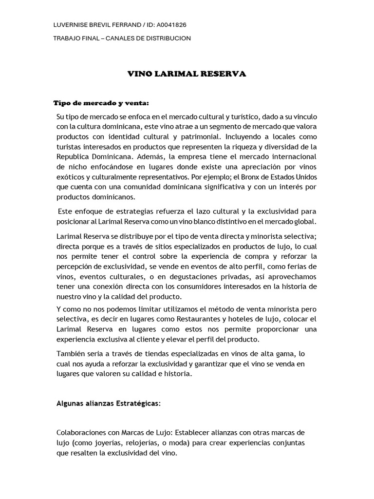 Brevil - Luvernise - Vino Larimal Reserva (Tipo de Mercado & Venta) | PDF