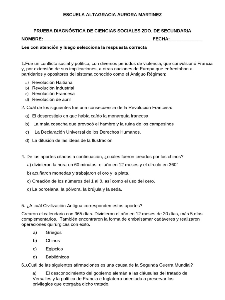 Prueba Diagnóstica 2do. de Secundaria Ciencias Sociales | PDF