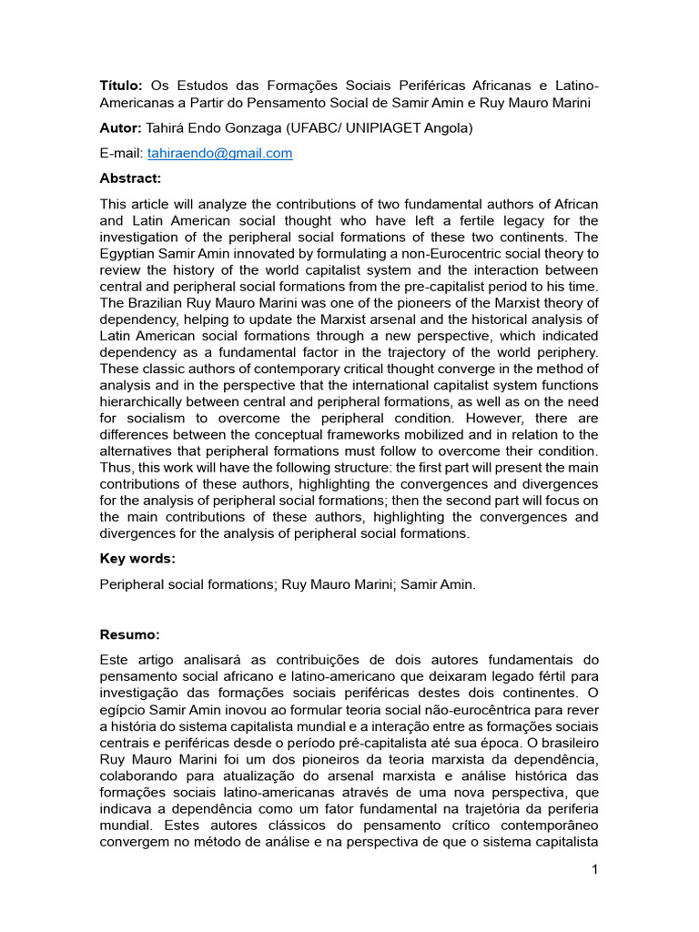 Os Estudos Das Formações Sociais Periféricas Africanas e Latino ...