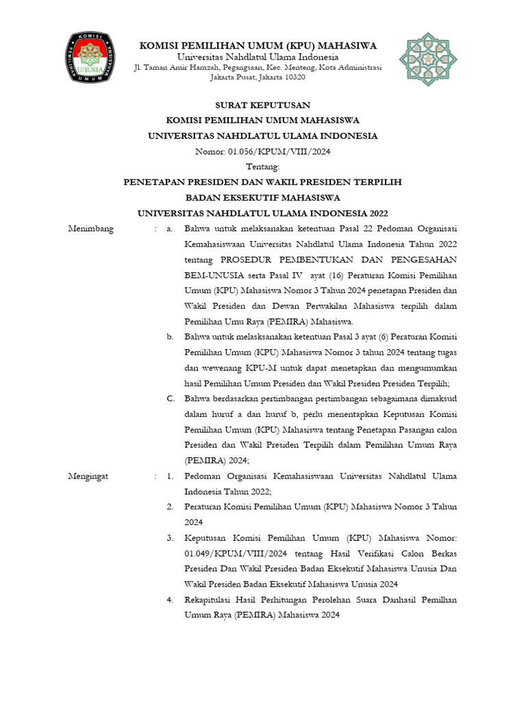 Surat Keputusan Penetapan Bem Terpilih | PDF