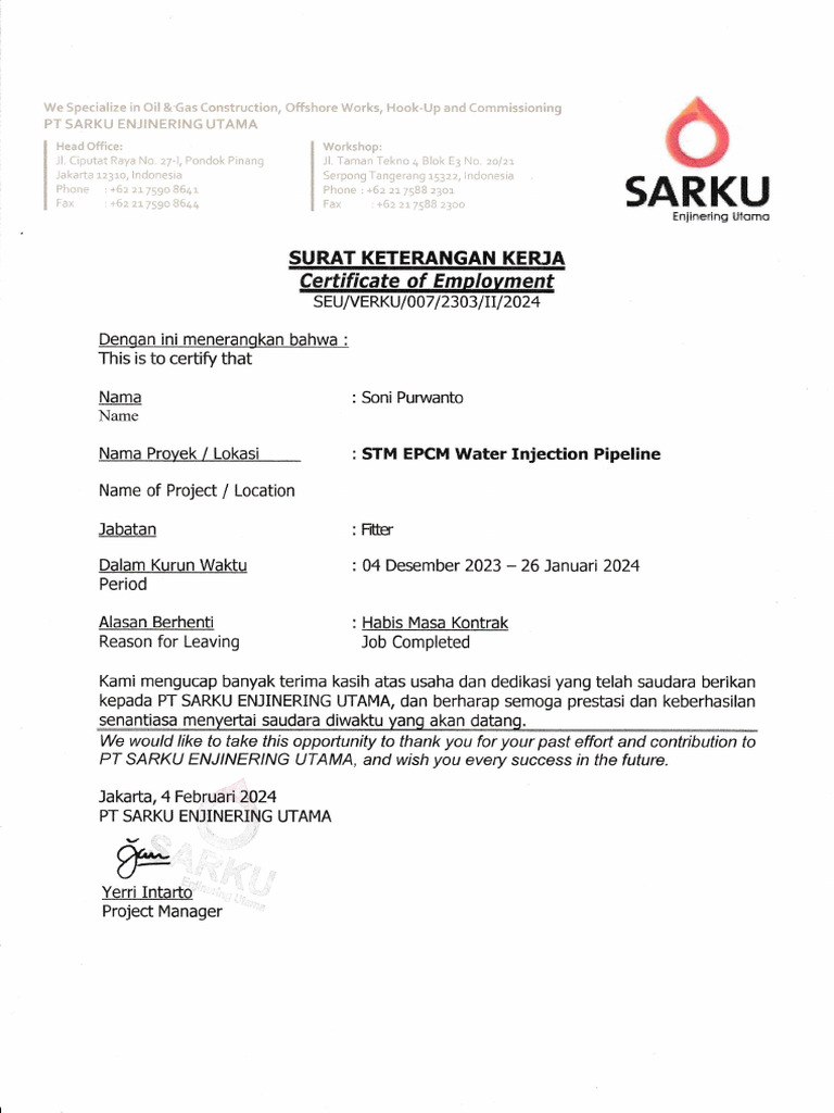 Paklaring Soni Purwanto-1 | PDF