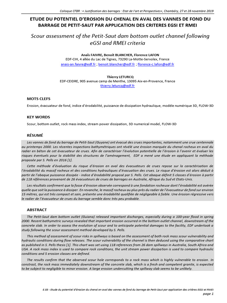 Colloque2019 E103 Etude Du Potentiel D Erosion Du Chenal en Aval Des Vannes de Fond Du Barrage ...