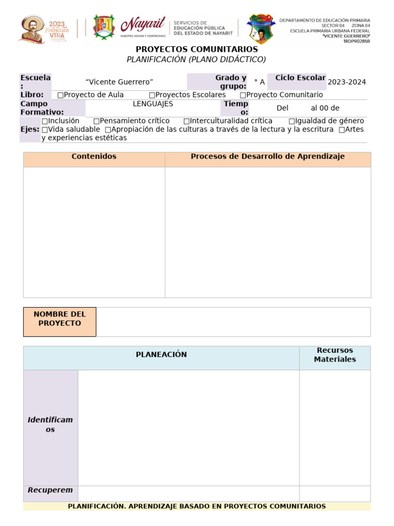 FORMATO DE PLANEACIÓN. PROYECTOS COMUNITARIOS (LENGUAJES) (2) | PDF