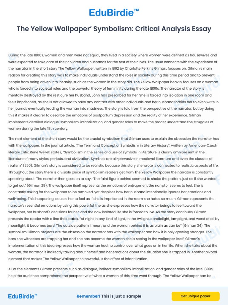 The Yellow Wallpaper' Symbolism Critical Analysis Essay | PDF