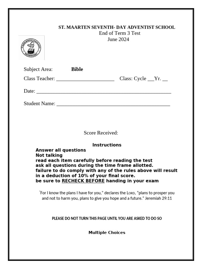 Bible Term 3 Exam 2024 | PDF