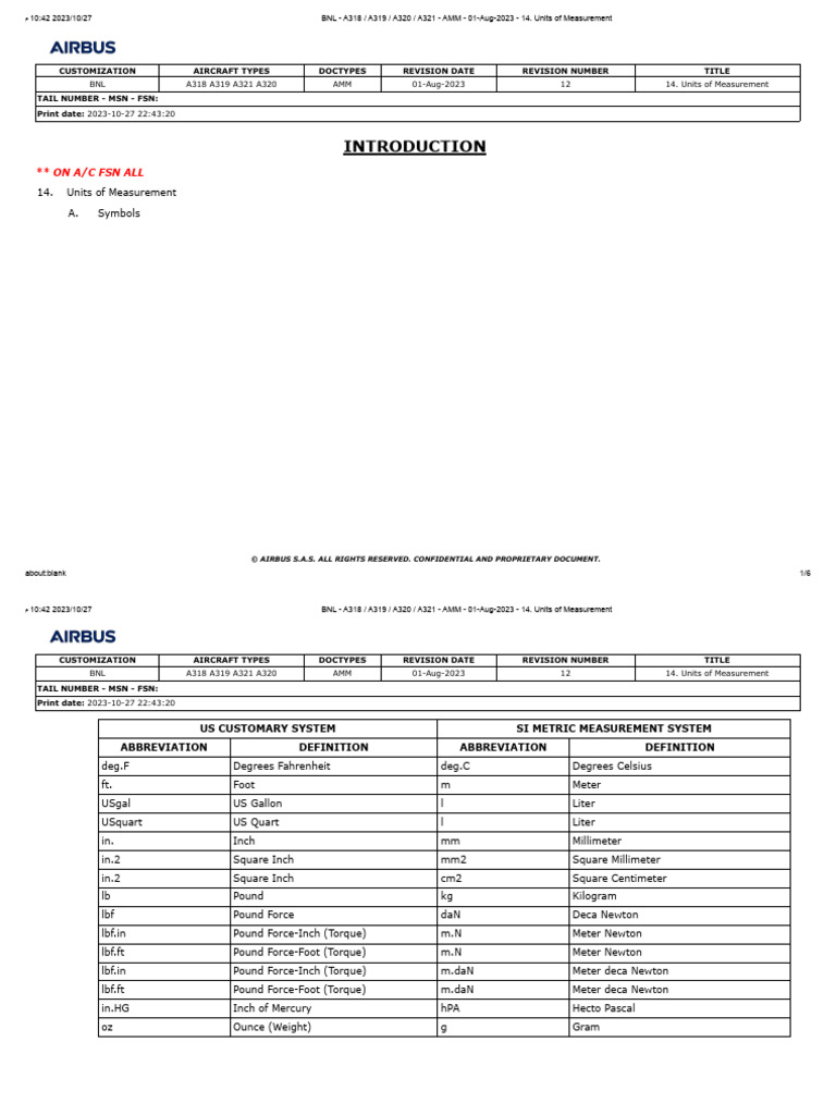 BNL - A318 - A319 - A320 - A321 - AMM - 01-Aug-2023 - 14. Units of Measurement | PDF