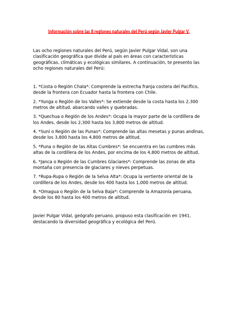 Doc. Regiones Naturales de Perú, Javier Pulgar V. | PDF