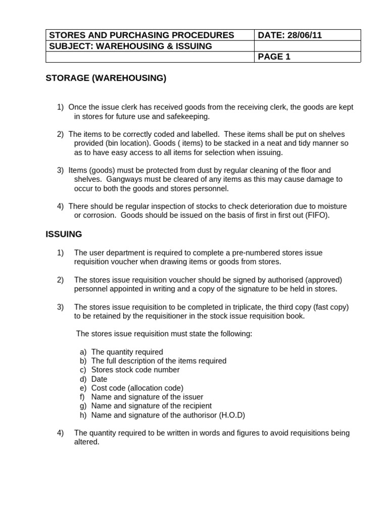 Warehouse and Stores Issuing Sop | PDF | Warehouse | Law