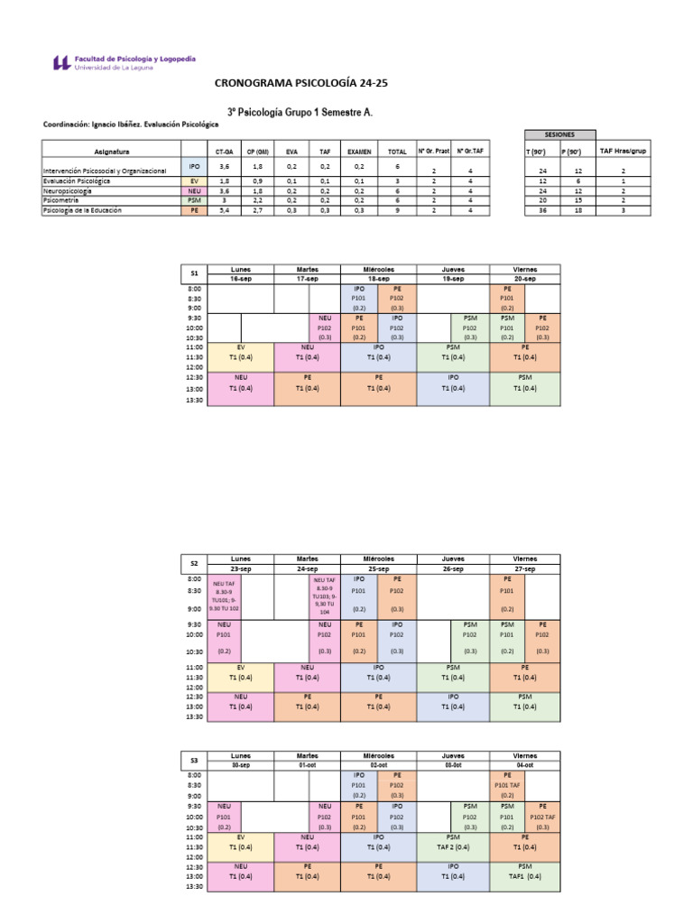 Cronograma 3Âº Psic G1 SA 2024 - 25 | PDF