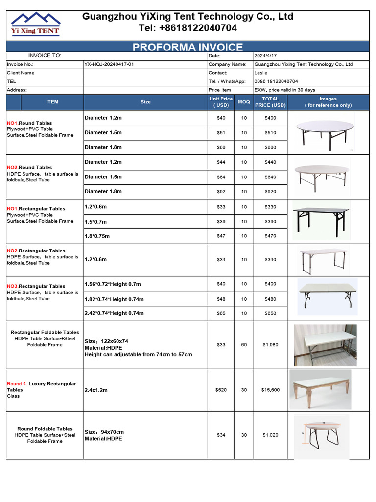 Yixing Price List of Tables and Chairs | PDF | Materials