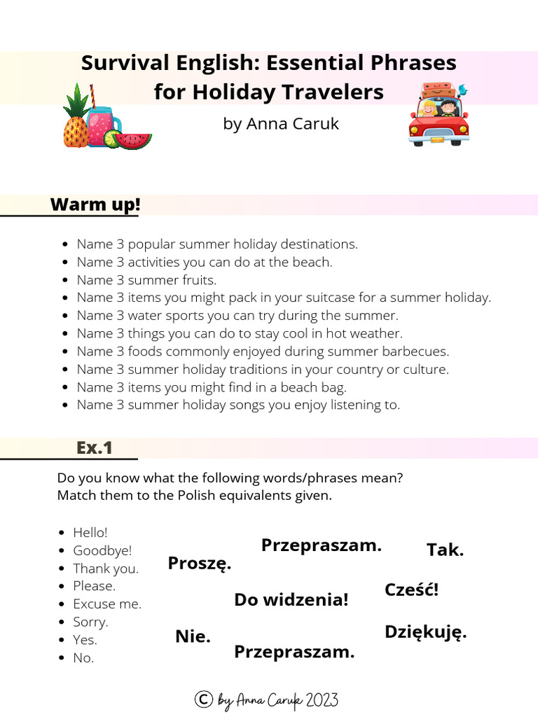 Survival English Essential Phrases For Holiday Travelers Beginners | PDF