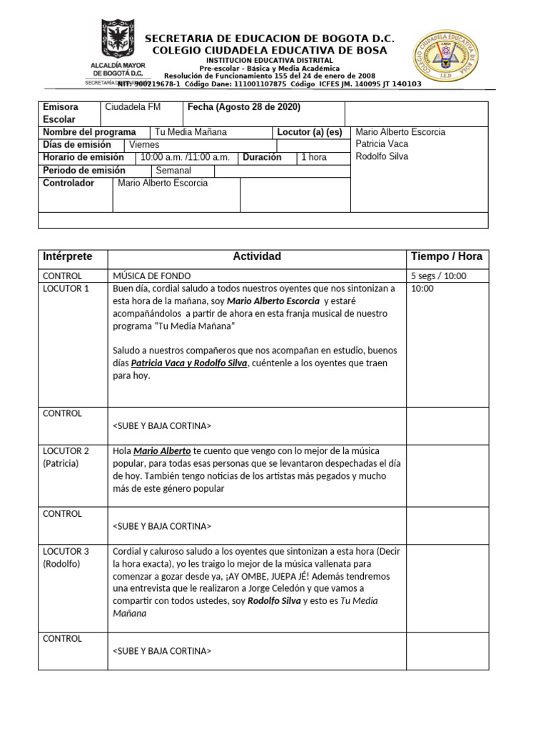 2020RA11 RADIO ESCOLAR GUIÓN PROGRAMA RADIAL | PDF
