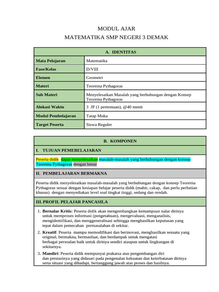 Modul Ajar Teorema Pythagoras - Penerapan Konsep | PDF