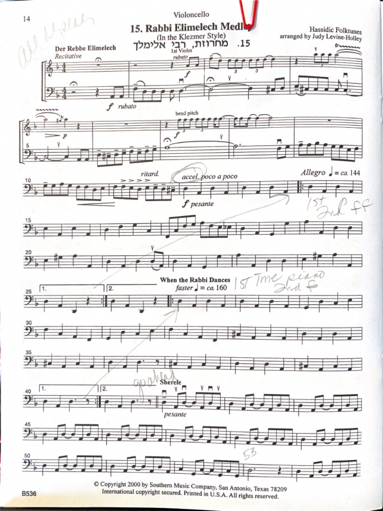 Rabbi Elimelech Medley - Hassidic Folktunes Cello | PDF