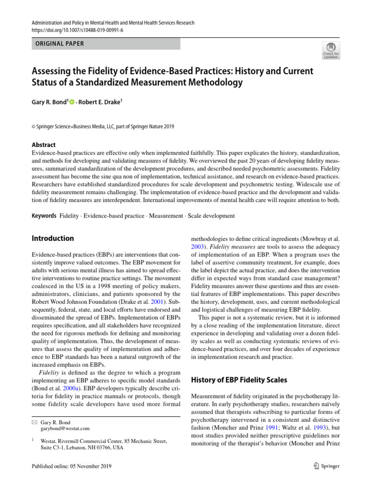Assessing The Fidelity of Evidence Based Practices: History and Current Status of A Standardized ...