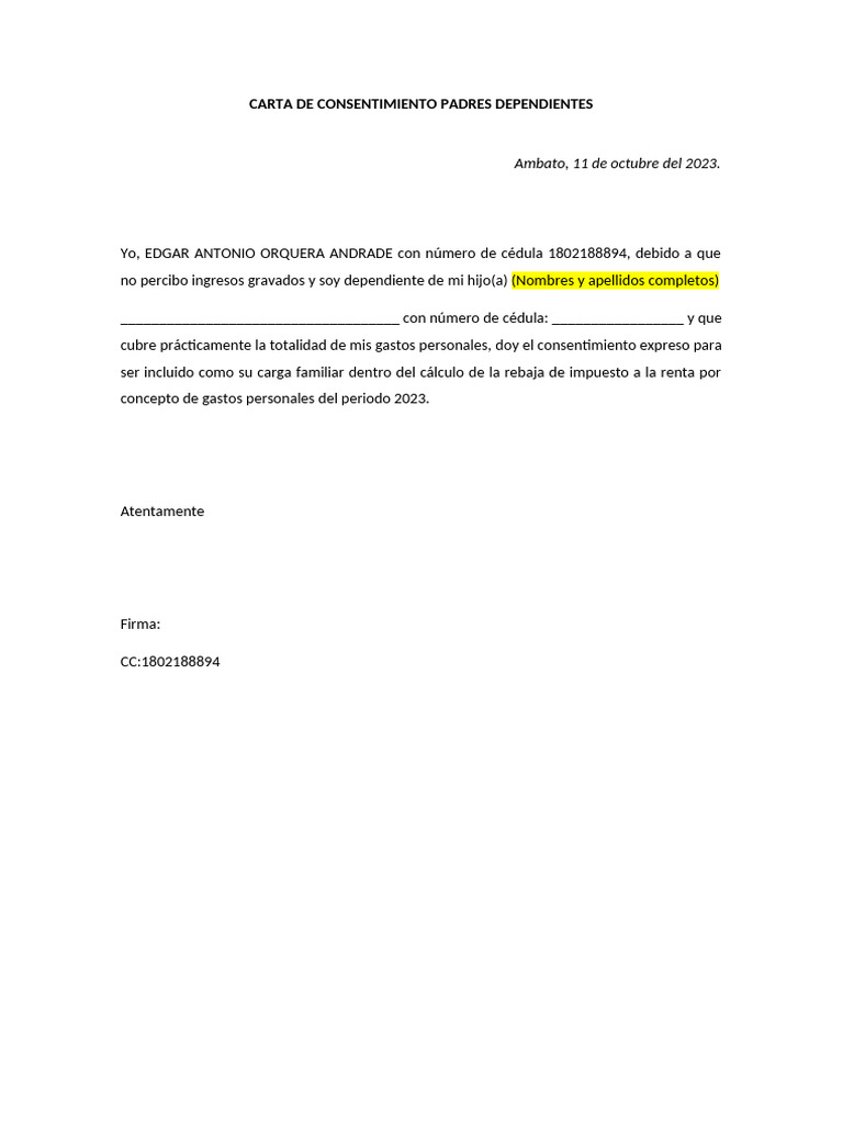 Modelo Carta de Consentimiento Padres Para Formulario Sri - Gp | PDF