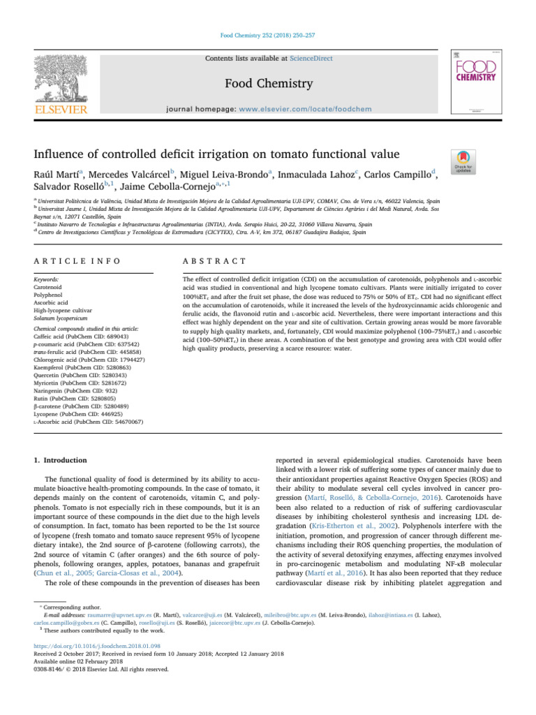 Influence of Controlled Deficit Irrigation On Tomato Functional Value | PDF