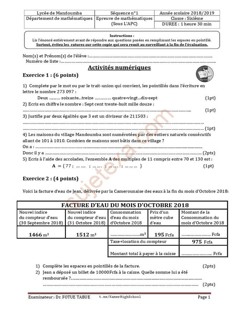 Epreuve de Mathématiques (Sous L'apc) - Lycée de Mandoumba - Classe ...