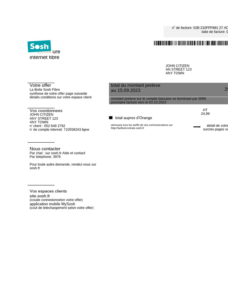 France Sosh utility bill Word and PDF template | PDF