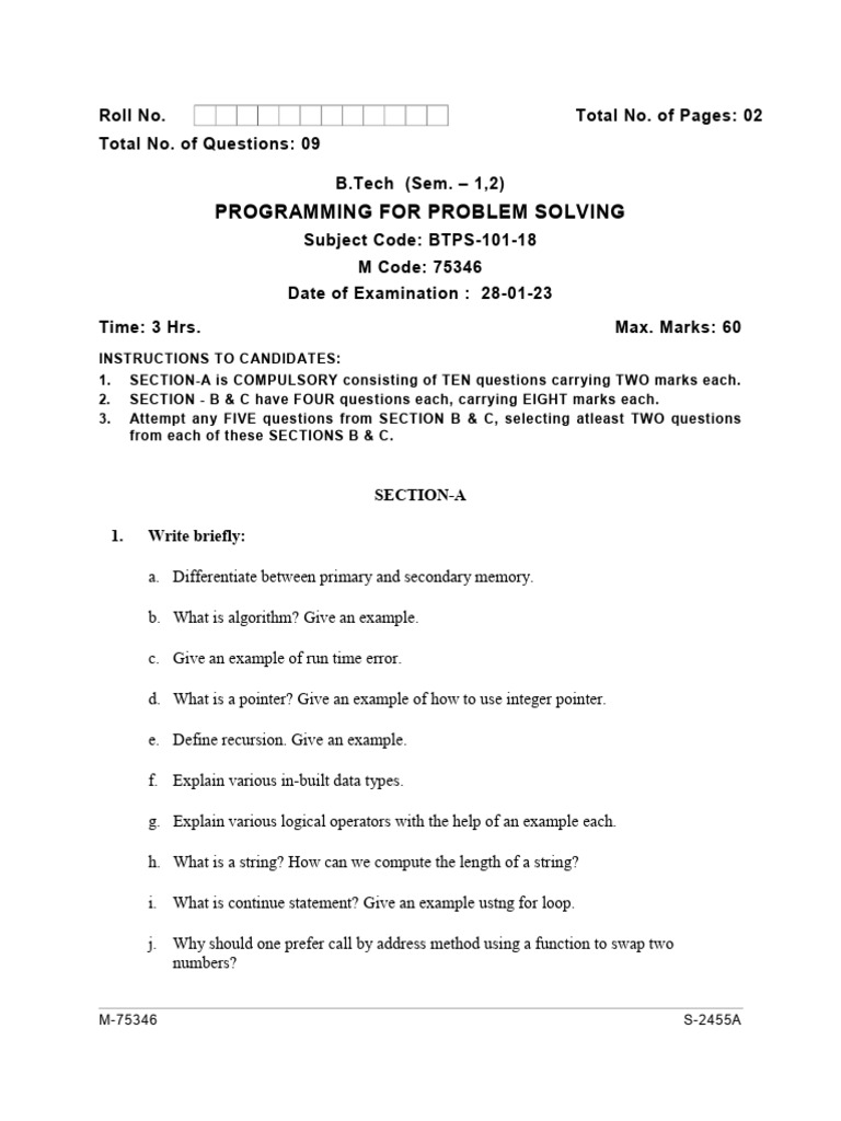 Btech 1 Sem 2 Sem Programming For Problem Solving 75346 Jan 2023 | PDF
