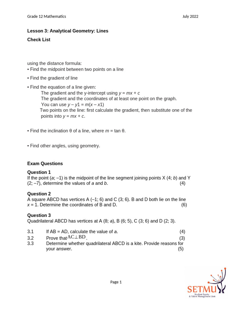 Grade 12 Mathematics Lesson 3 Analytical Geometry Lines | PDF