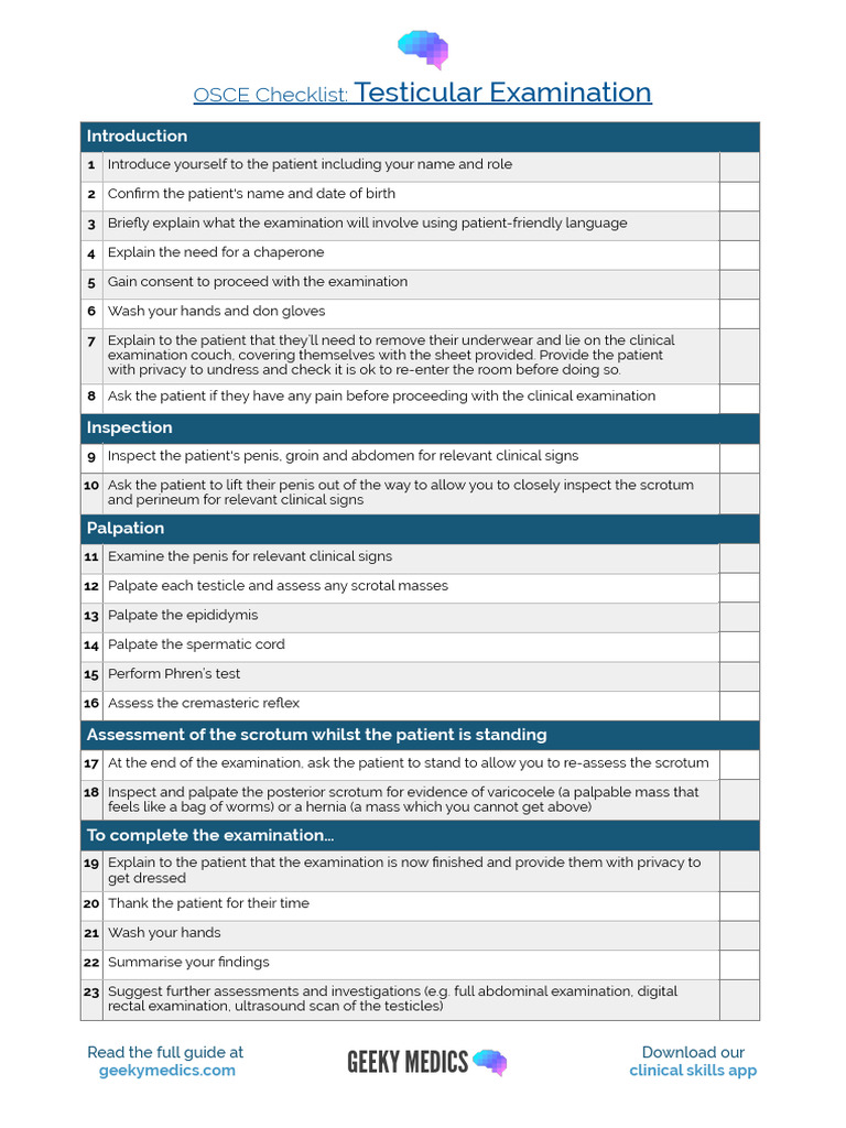 OSCE Checklist Testicular Examination | PDF