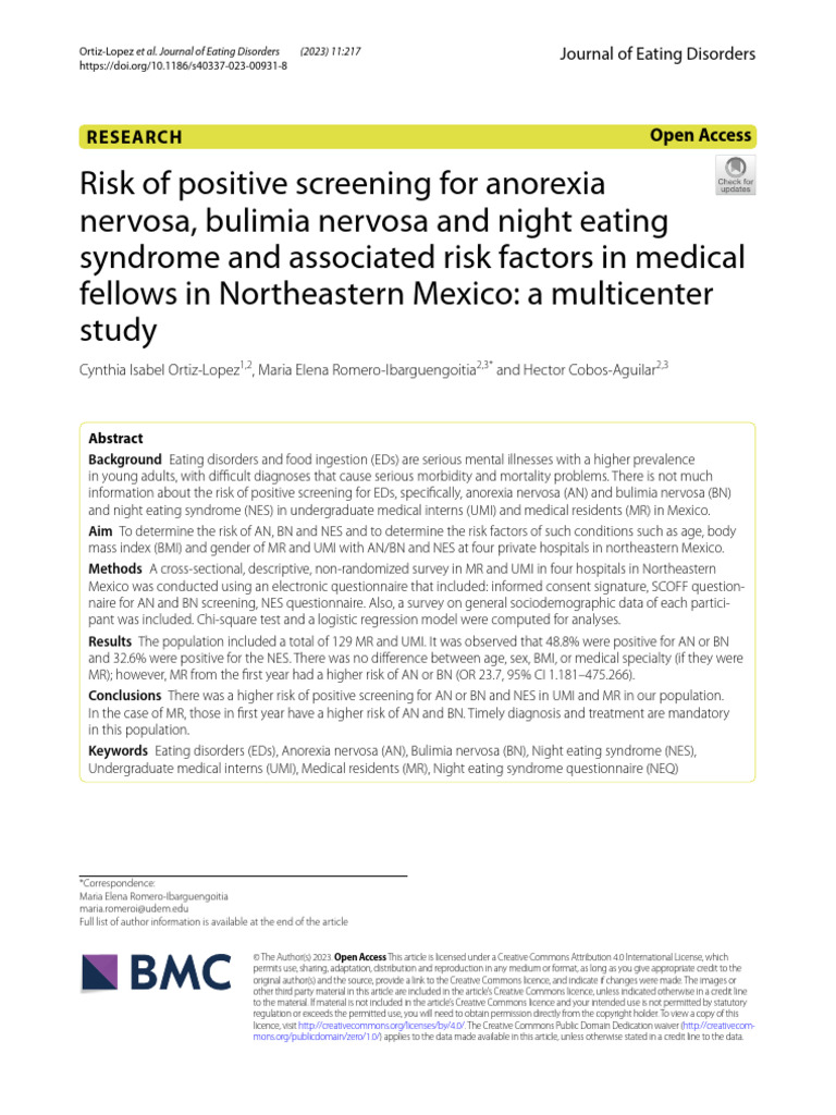 Risk of Positive Screening For Anorexia, Bulimia An NES and Associated ...