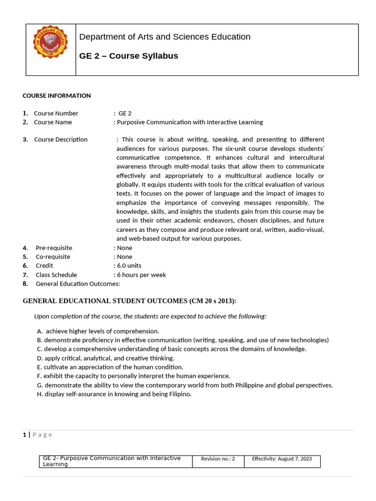 Final Updated Syllabus Ge 2 2023 2024 | PDF