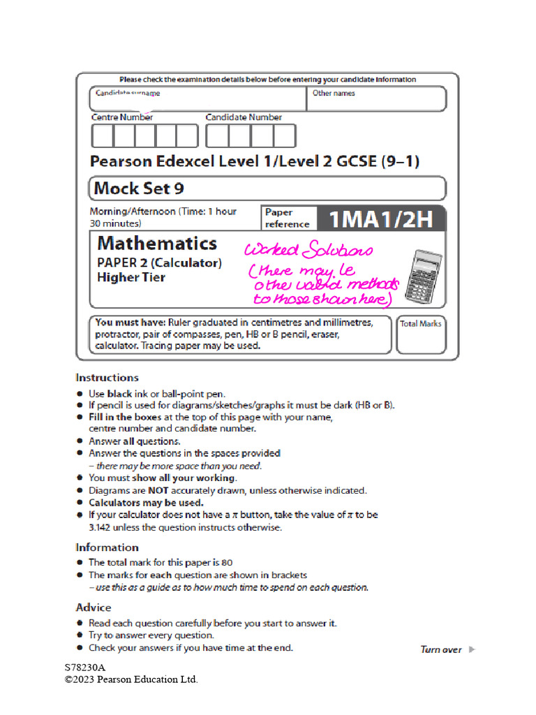 GCSE Maths Mock Set 9 1MA1 - 2H Worked Solutions | PDF