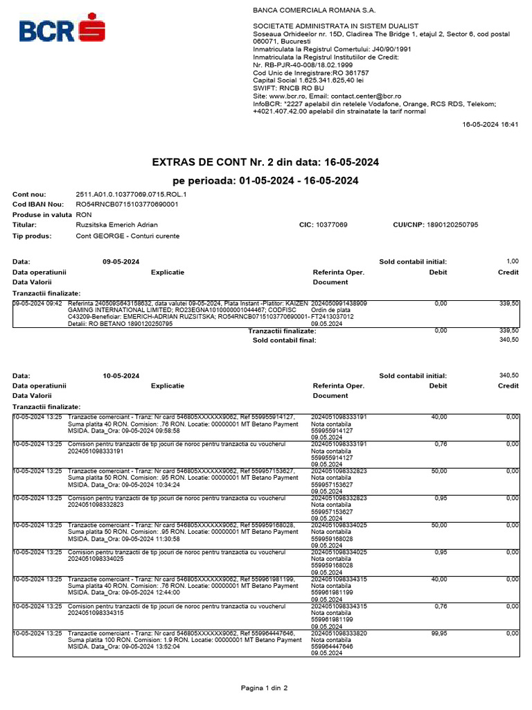 Pe Perioada: 01-05-2024 - 16-05-2024 EXTRAS DE CONT Nr. 2 Din Data: 16 ...